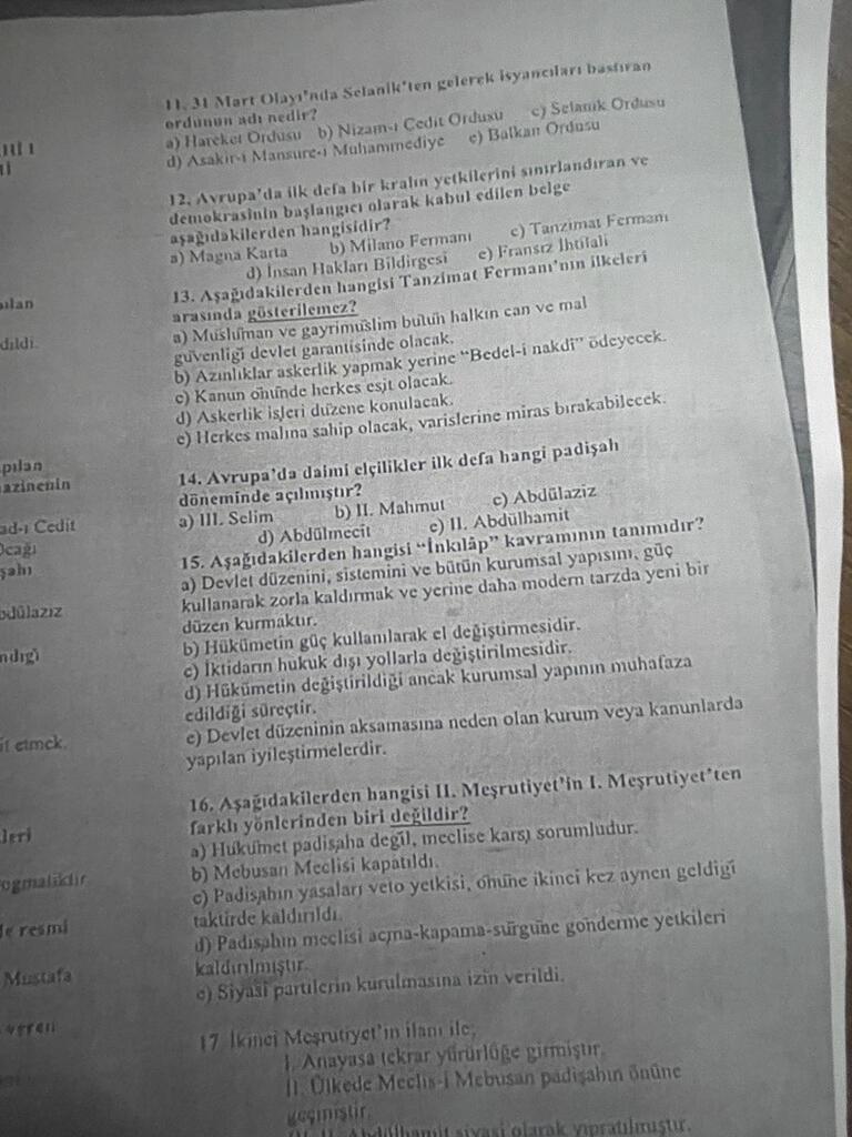 31 Mart Olayı, Tanzimat ve Meşrutiyet Hakkında Çoktan Seçmeli Osmanlı ...